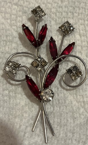 Vintage Silver Tone Brooch With Red Rhinestones, 3X1.5” | eBay