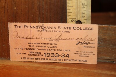 Antique 1933-34 Pennsylvania State College Matriculation Card Second ...