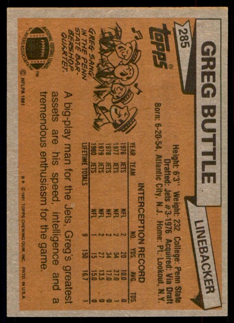 1981 TOPPS_ GREG BUTTLE NEW YORK JETS #285 | eBay