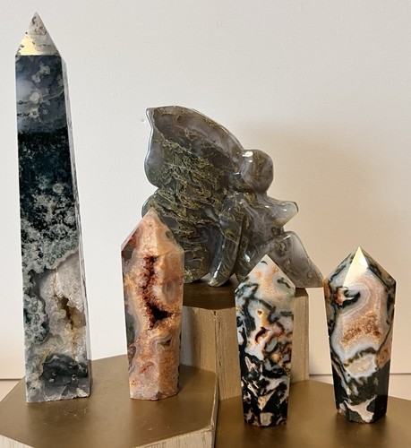 Green & Red Moss Agate 5 Piece Set - 4 Towers & 1 Fairy Carving | eBay