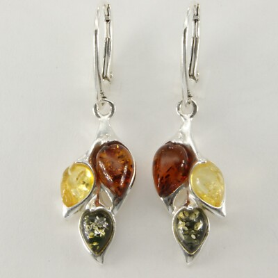 Multi-Color BALTIC AMBER Leaf Leverback Earrings 925 STERLING SILVER ...