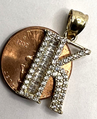 GOLd K Initial pendant 14k cz solid charm necklace gift her him 1" | eBay