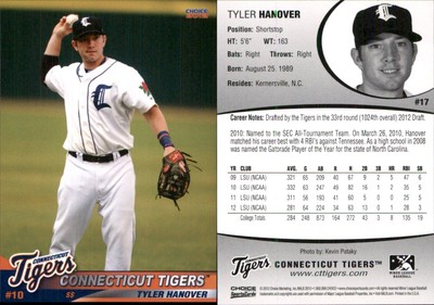 Tyler Hanover 2012 Choice Connecticut Tigers #17 RC Card Connecticut ...