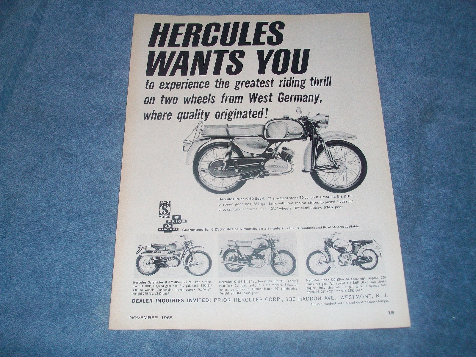 1965 Hercules Vintage Motorcycle Ad "Hercules Wants You" K-50 K-175-GS ...