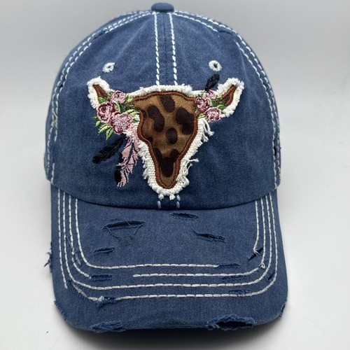 Leopard Cow/Bull Skull Distressed Cap/Hat Blue Adjustable GR52 | eBay