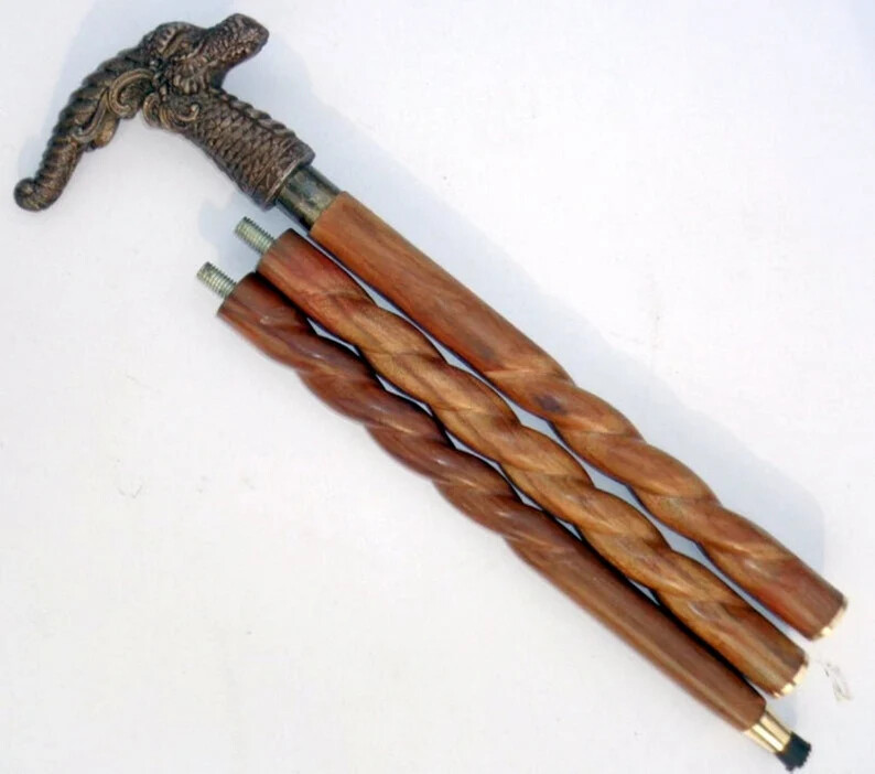 Vintage walking stick Dragon Head Handle Black Wooden… - Gem