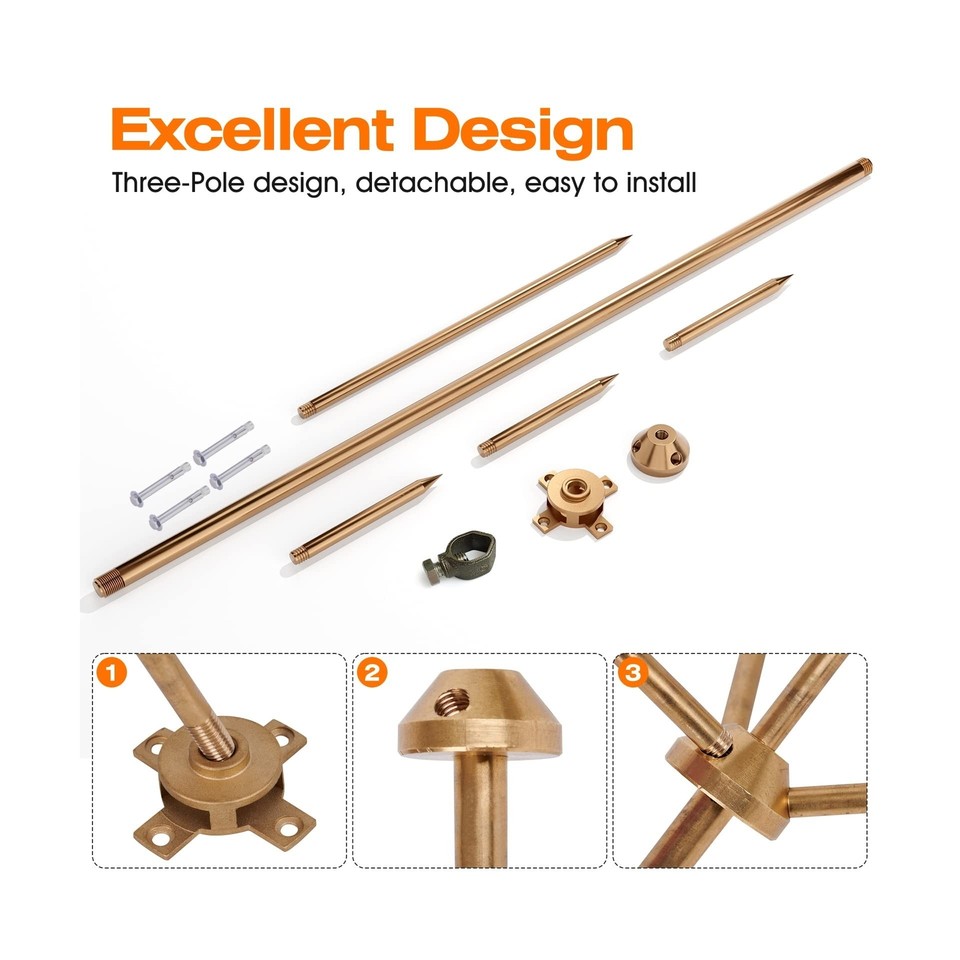 Copper Lightning Rod Kit with Down Conductor Clamp UL Listed for Roof ...