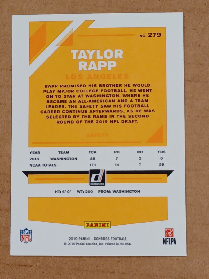 2019 Donruss Football #279 Taylor Rapp LA Rams RC Rookie Card | eBay