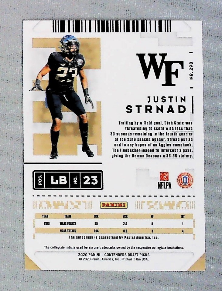 2020 Justin Strnad Panini Contenders Draft Picks #290 College Ticket ...