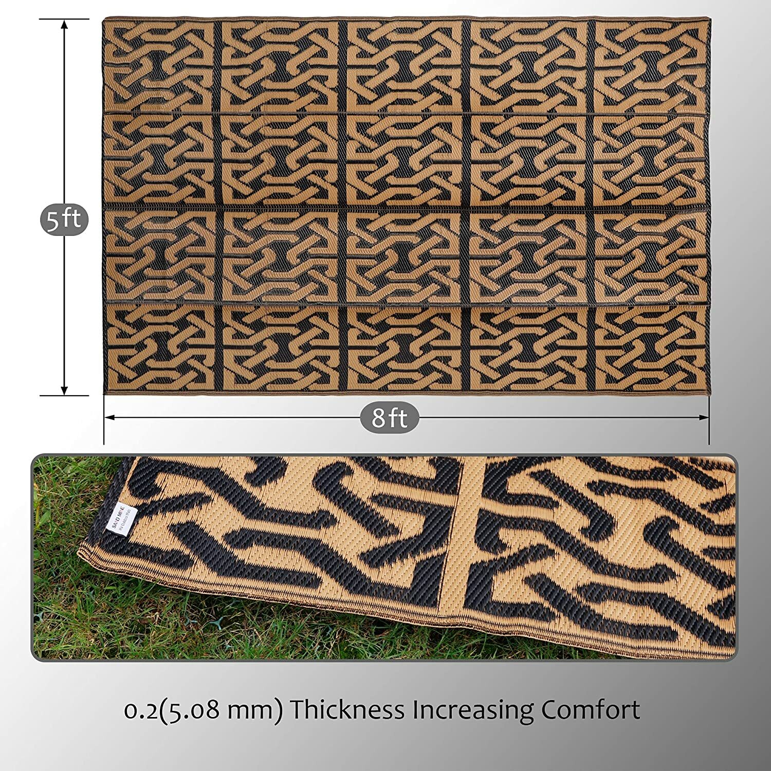 Black Brown Geometric RV Mat Rug 5 x 8 ft Foldable Outdoor Patio Deck ...