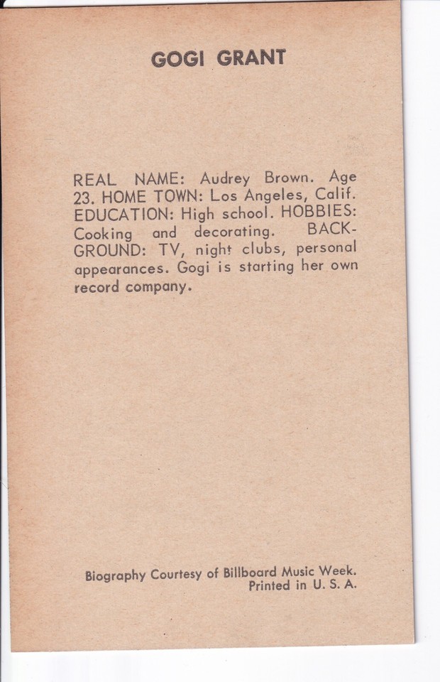 Gogi Grant Arcade Card Billboard Vintage 1960's Era - Great Shape! | eBay