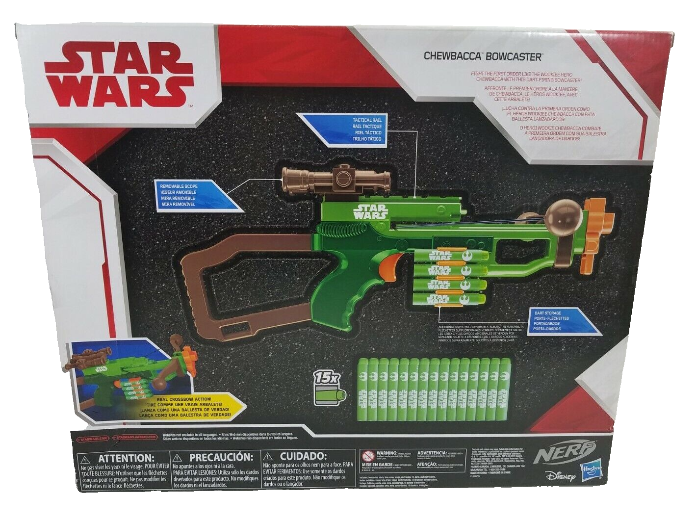 NERF Crossbow Chewbacca Star Wars Green Bowcaster Toy 15 Darts Rare ...