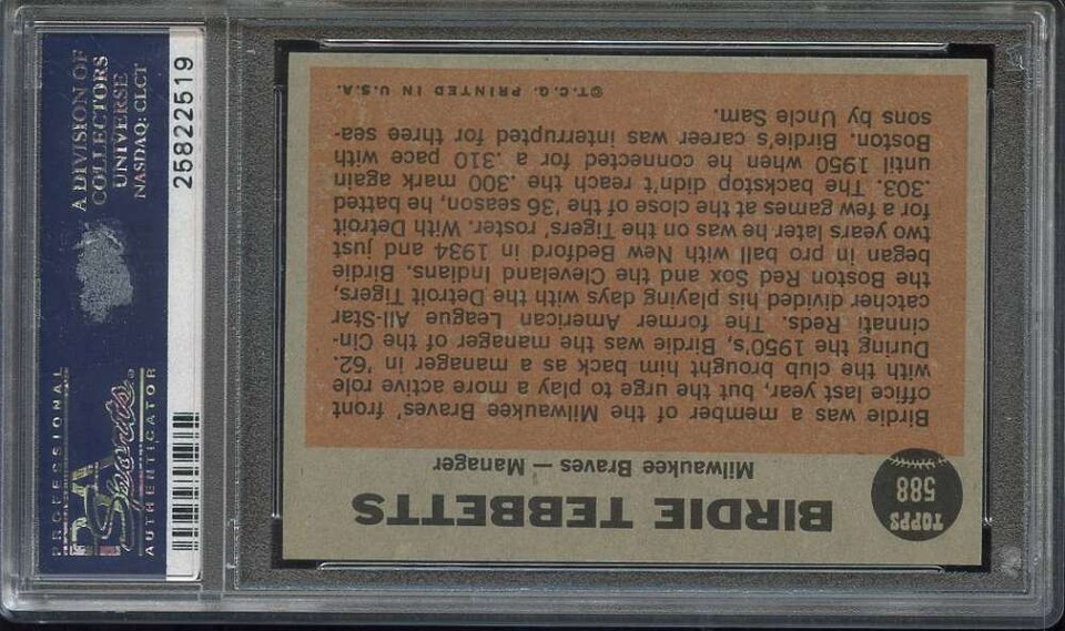 1962 TOPPS #588 BIRDIE TEBBETTS PSA 7 BRAVES MG *B62543 | eBay