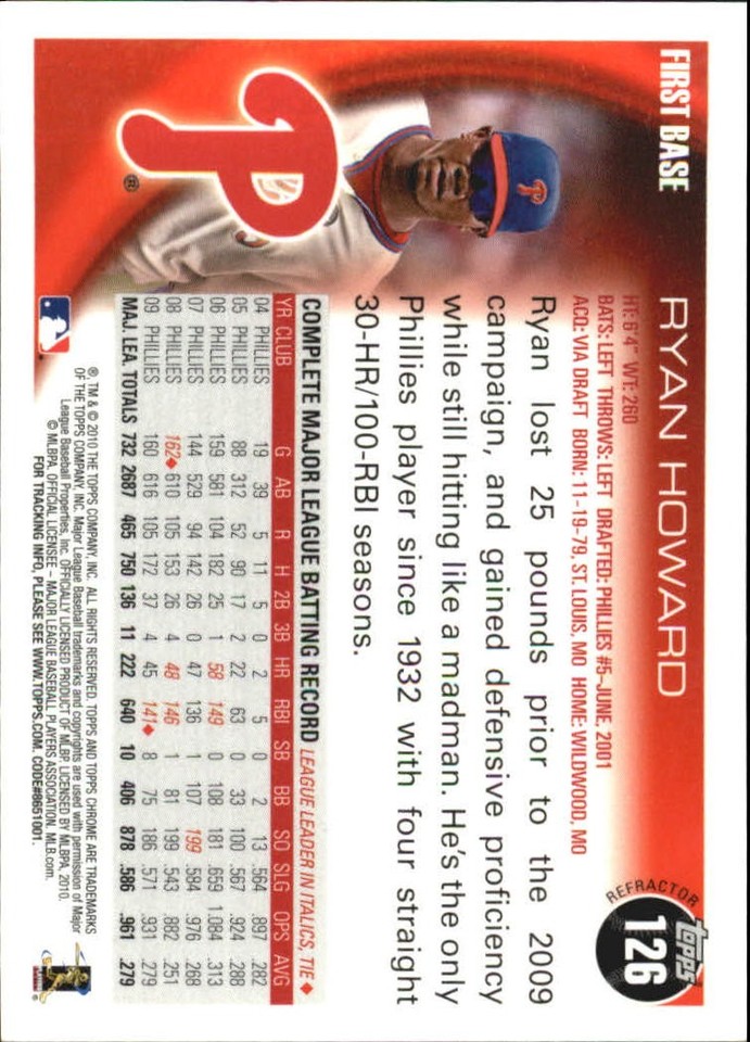 2010 Topps Chrome Baseball Refractor #126 Ryan Howard | eBay