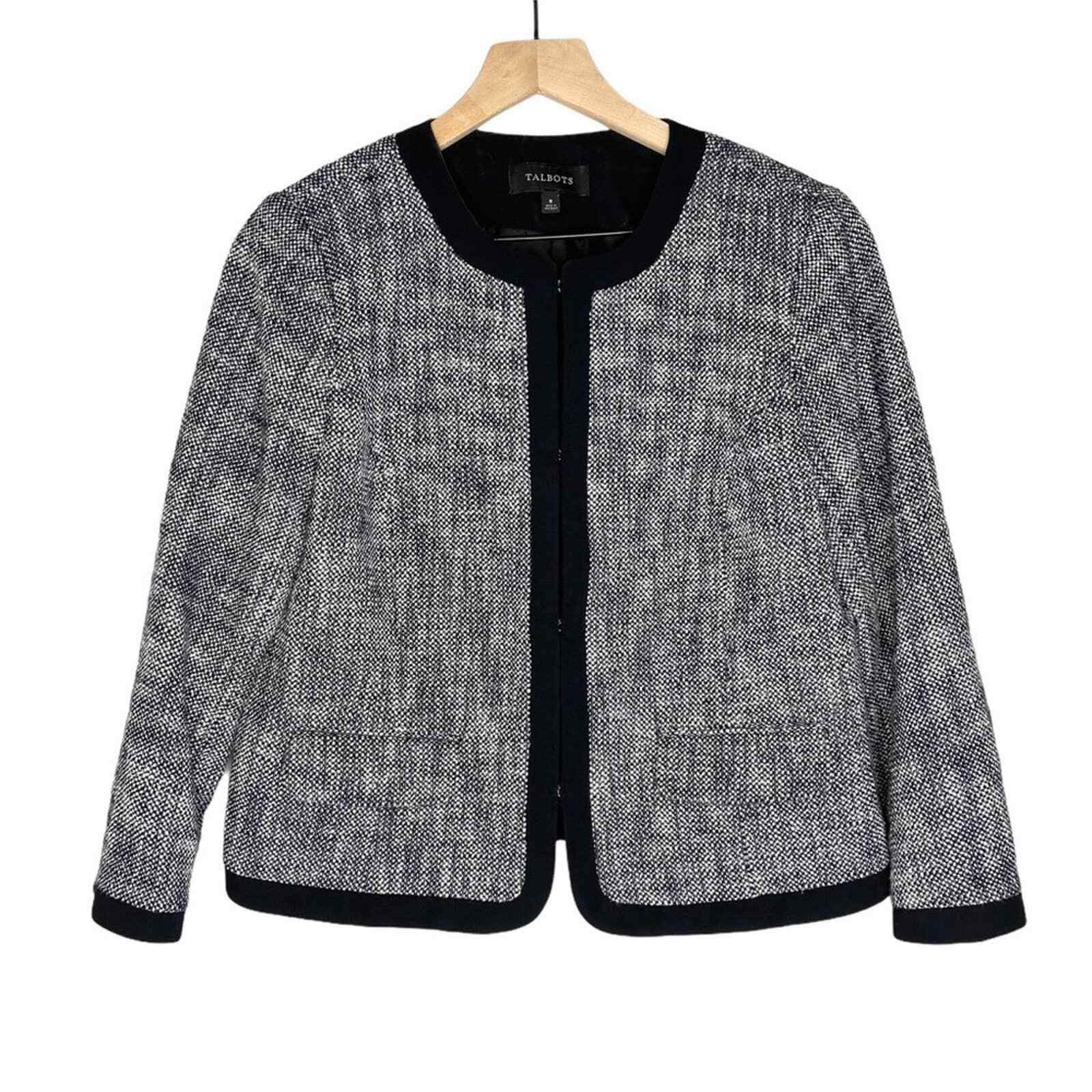 Talbots Blazer Sz 8 Black Tweed Collarless Modern - Gem