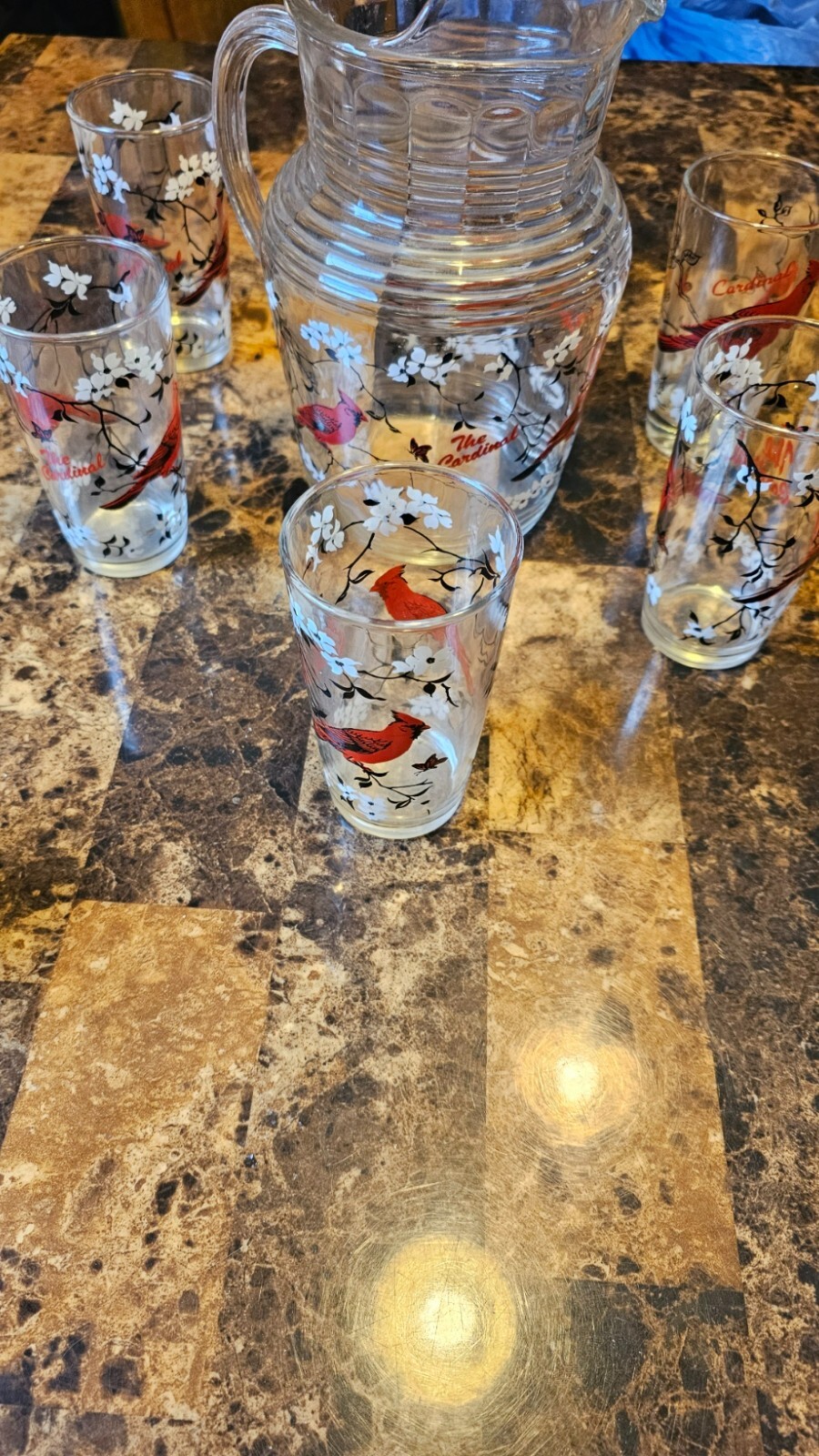 Vintage cardinal and dogwood glass pitcher w/ 6 matching glasses(Rare ...