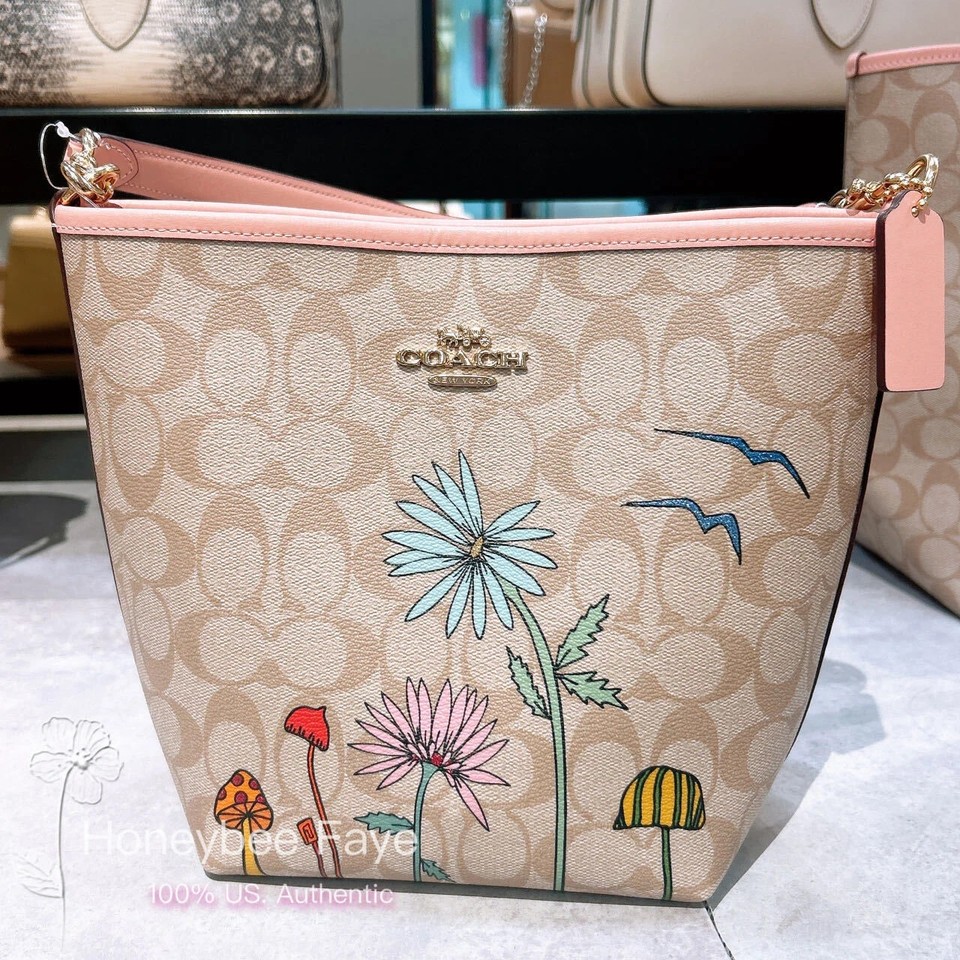 NWT Coach City Bucket Bag In Signature Canvas with bow / floral/shell ...