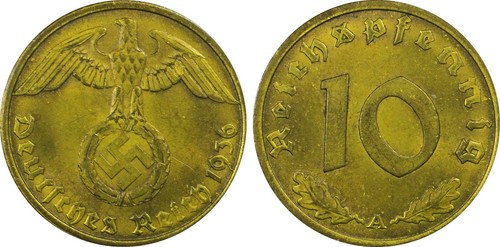 Nazi Coin - PCGS MS63 1936-A 10 Pfennig Pfg Germany, Third Reich KM-92 ...