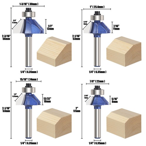 4PCS 45 Degree Chamfer Router Bit 1/4'' Shank Milling Tool Woodworking ...