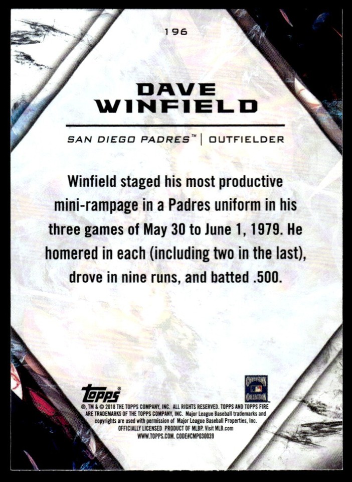 2018 Topps Fire Gold Minted Dave Winfield San Diego Padres #196 | eBay