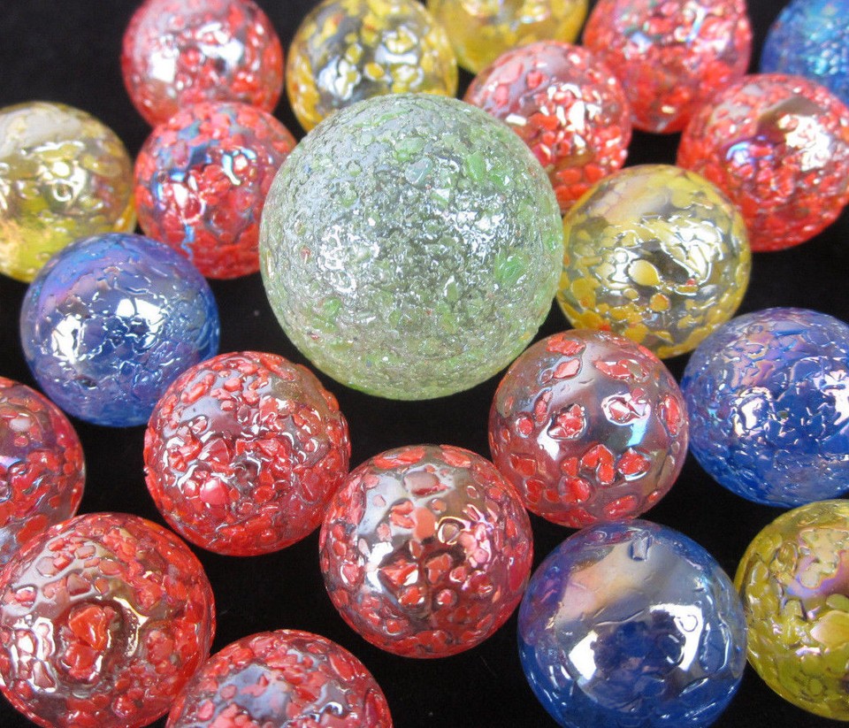25 Glass Marbles STAR DUST Speckled Glitterbomb red green yellow blue ...