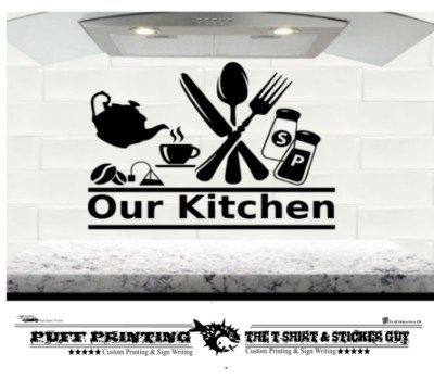 Wall Art Our Kitchen Stickers cutlery vinyl home decor coffee pots pans ...
