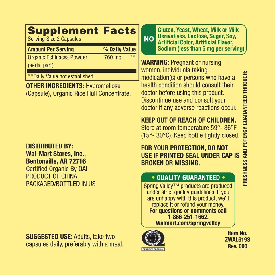 Spring Valley Echinacea, 760 mg, 100 Vegetarian Capsules, EXp: 05/25 | eBay