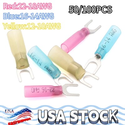 Heat Shrink Fork #10 M5 Stud Terminals Wire Spade Crimp Connectors 22 ...