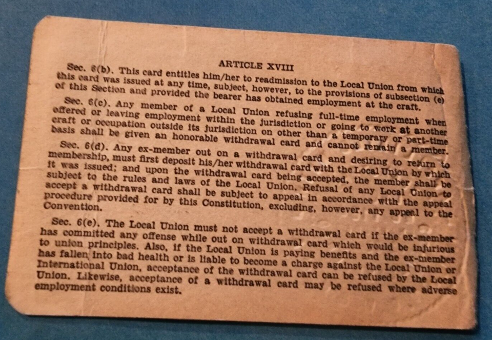 Union Withdrawal Card Brewery &Soft Drink Workers Union 1164 Cleveland ...
