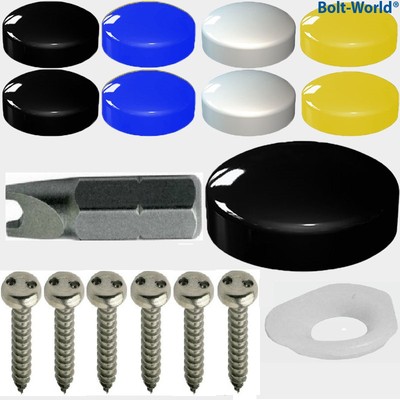 17 x NUMBER PLATE FIXING 2 PIN SECURITY SCREWS COVER KIT BLACK WHITE ...