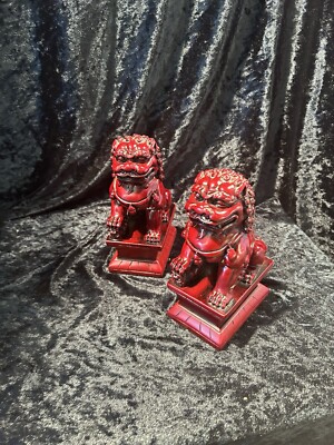 Pair Of Vintage Chinese Red Resin Foo Dog Lion Guardian Statues On ...