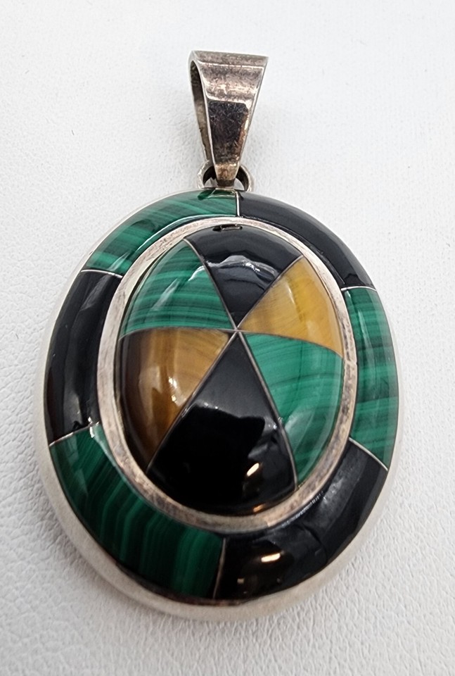 Silver 950 Taxco TA-172 Malachite Onyx Tiger's Eye Inlay Mosaic Pendant ...