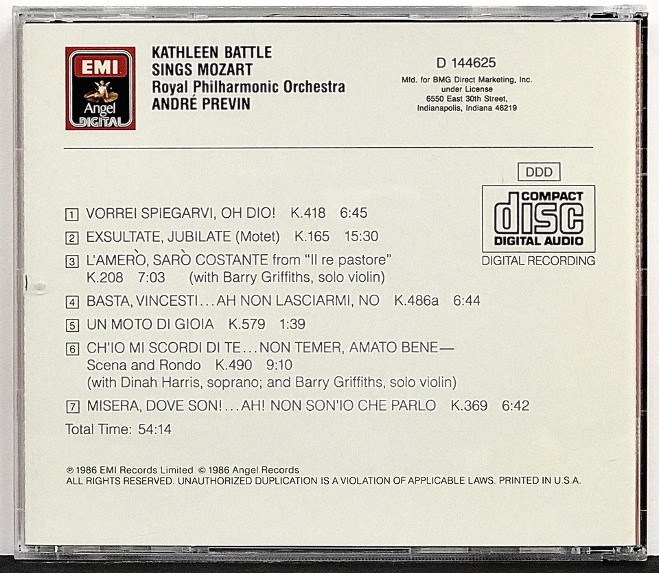 Kathleen Battle Sings Mozart: Andre Previn Royal Philharmonic CD 1986 ...