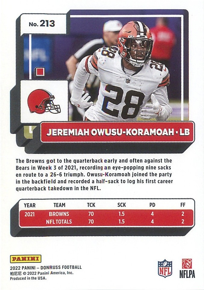 Jeremiah Owusu-Koramoah 2022 Donruss Football NFL Card #213 Cleveland ...