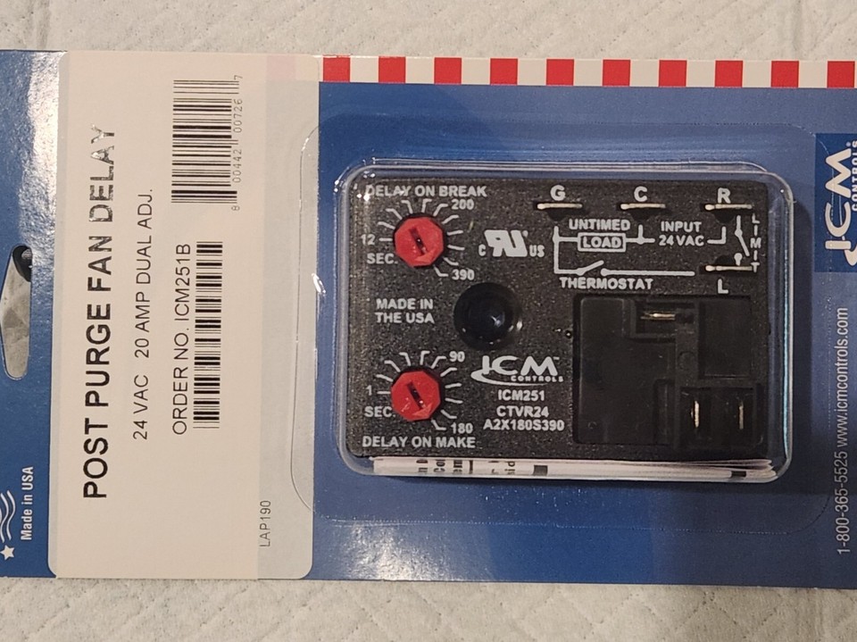ICM Controls ICM251B , 18-30 VAC , FAN DELAY TIMER , 20 AMP DUAL ADJUST ...