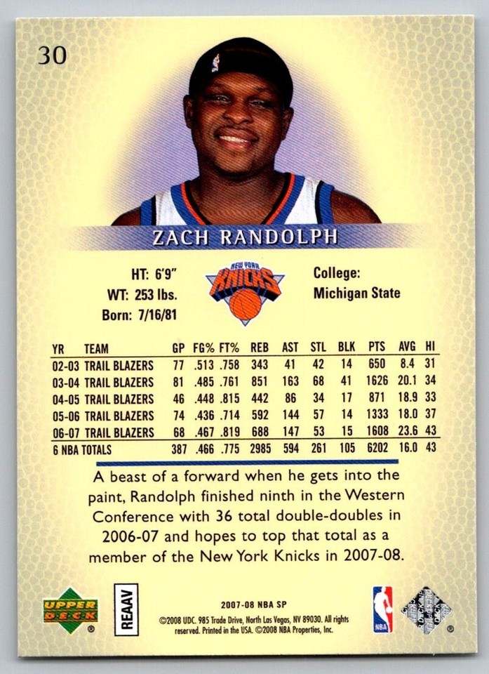 2007-08 SP Upper Deck Basketball Zach Randolph New York Knicks #30 | eBay