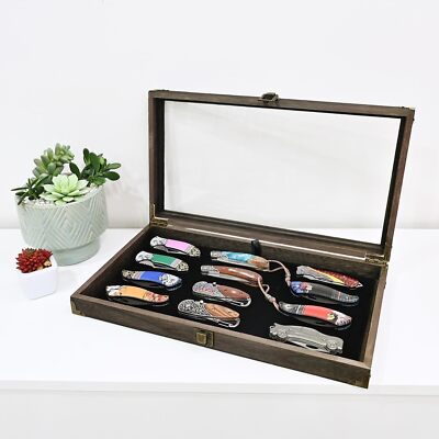 Wooden knife display case, tempered glass, black velvet mat, metal ...