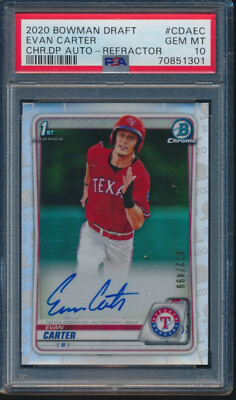PSA 10 EVAN CARTER AUTO 1st 2020 Bowman Chrome Draft REFRACTOR #/499 RC ...