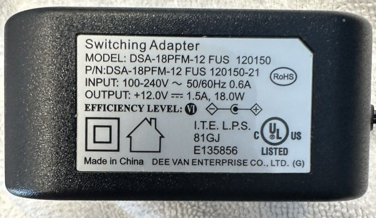 SWITCHING Power ADAPTER 2.1mm x 5.5mm DSA-18PFM-12 FUS 12250 12V 1.5A ...