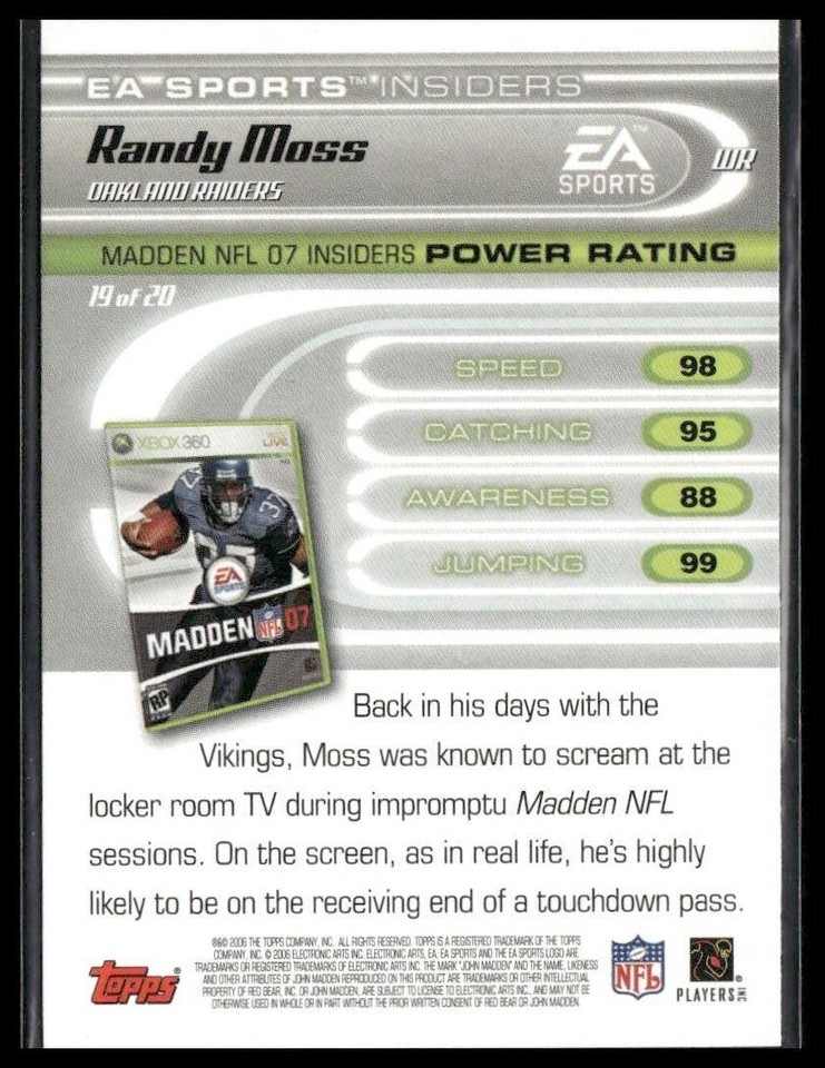 2006 Topps #19 Randy Moss EA Sports Madden Oakland Raiders | eBay
