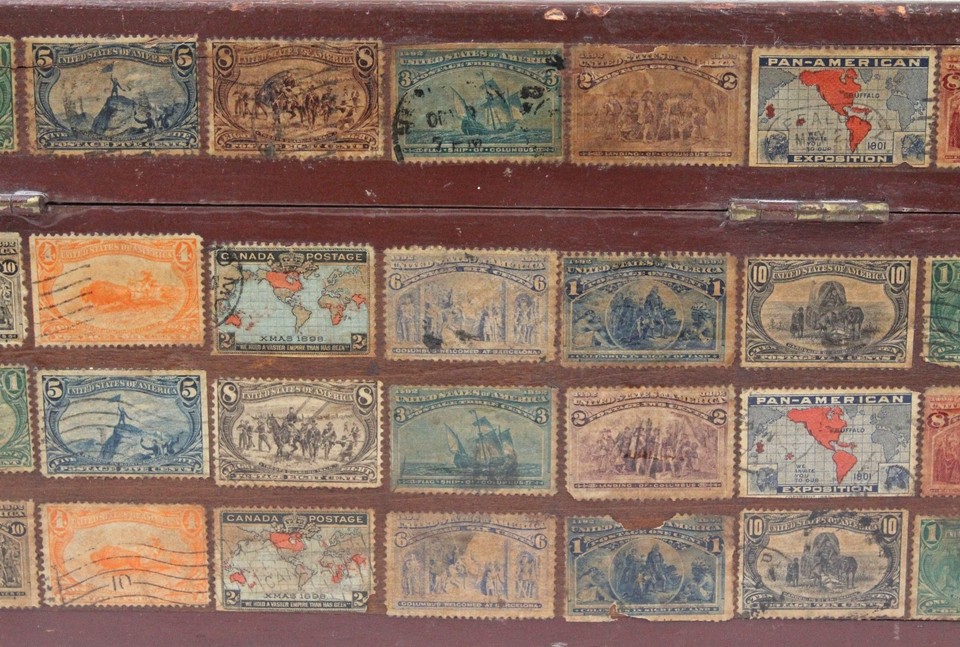 Unique Antique 12.5" Wood Document Box 1893 & 1898 U.S. Postage Stamps ...