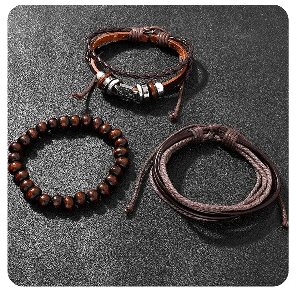 4 pc men's luxury black face sport watch & bracelet set leather strap ...