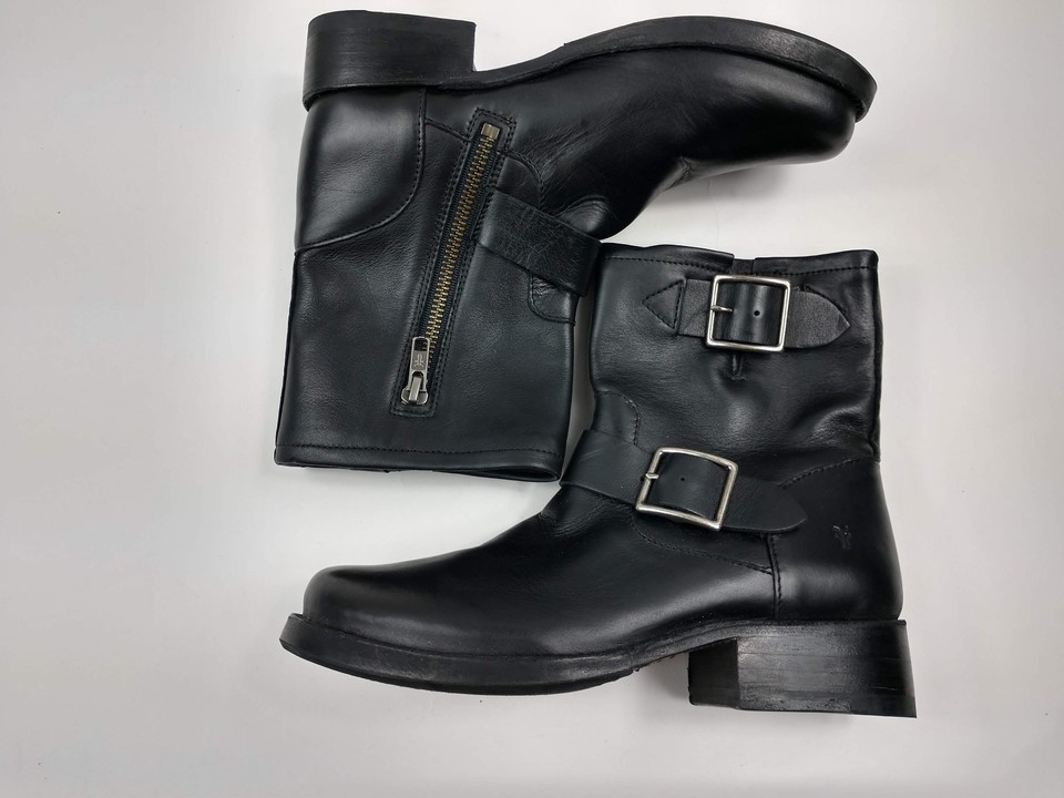 Frye Black Leather Vicky Engineer Moto Buckle Mid Rise Boots Women's ...