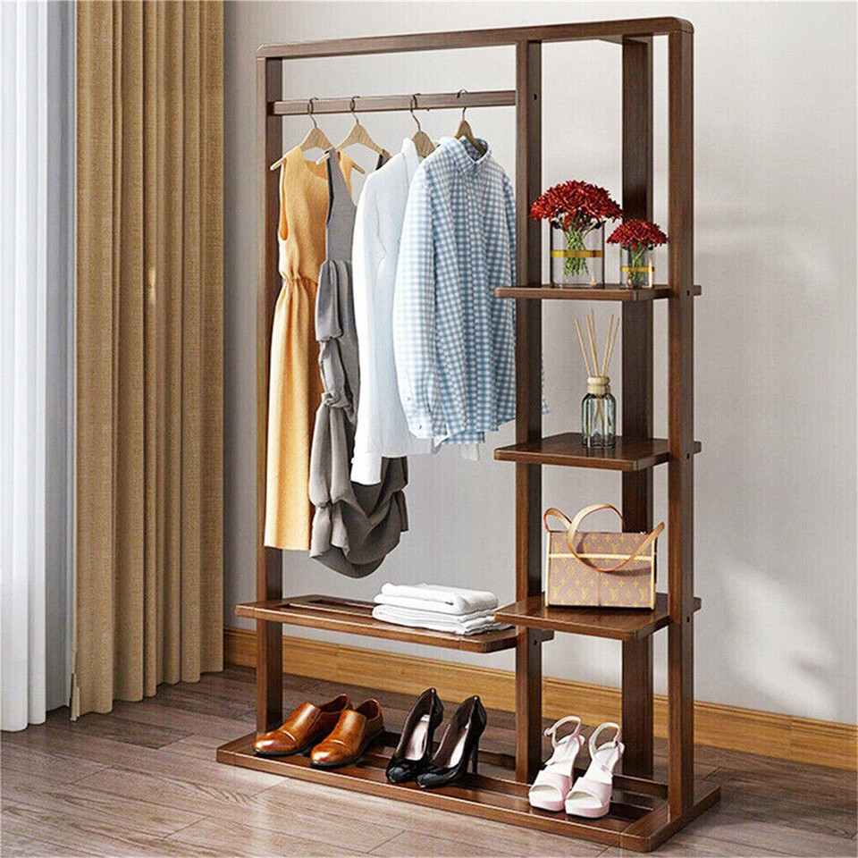 40'' Bamboo Clothing Garment Rack Brown Clothes Coat Hanger Shoe Rack ...