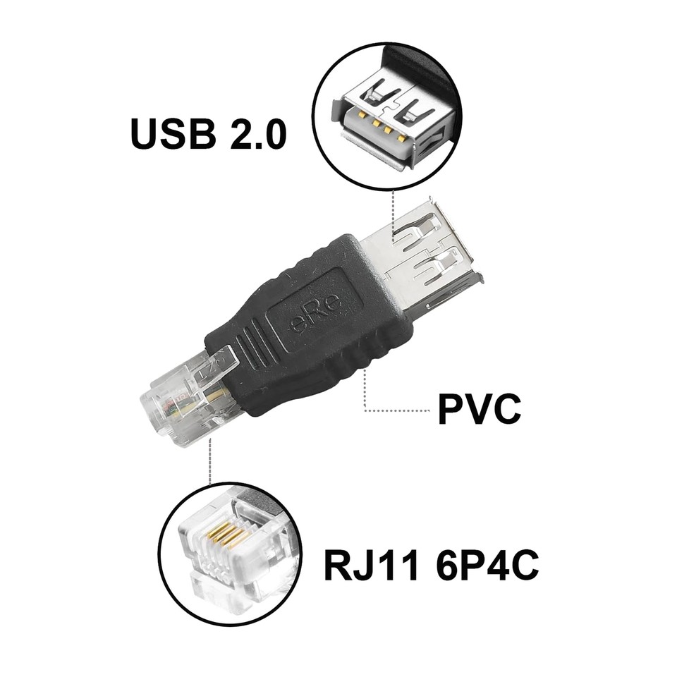 RJ11 to USB Telephone Line Adaptor 6P4C Male to USB Type-A Female Plug ...