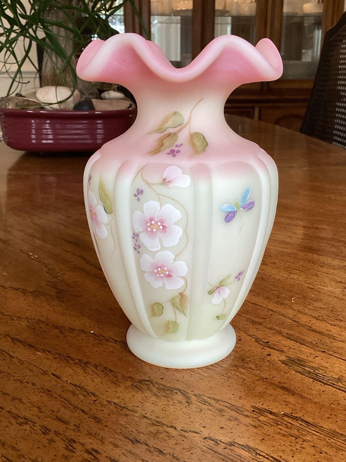 Fenton Burmese Vase Dan Fenton Signed Numbered Floral Dragonfly Hand ...