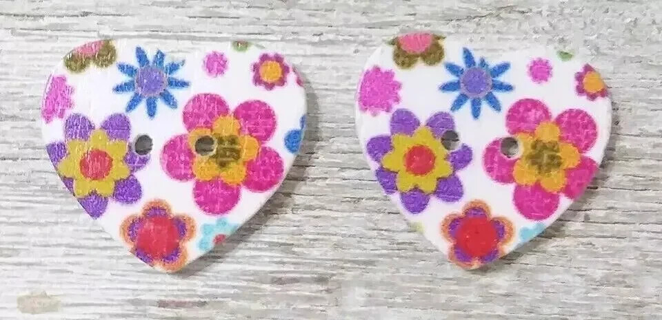 flower heart wood sewing buttons 2 holes 1 inch #14 red purple 2pc set ...
