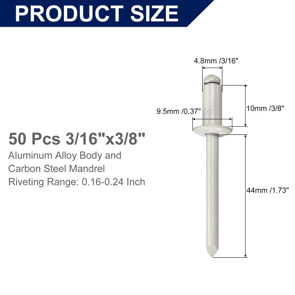 50Pcs 3/16"x3/8" Aluminum Blind Rivets, Dome Head Long Split Rivets ...