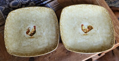 2 x 222 Fifth Rustic Rooster 11/4" Square Dinner Plates 1 Chicken 1 ...