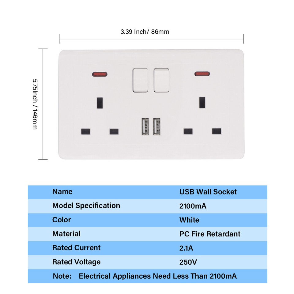 Double Wall Plug Socket 2 Gang 13A With 2 Charger USB Ports Outlets ...